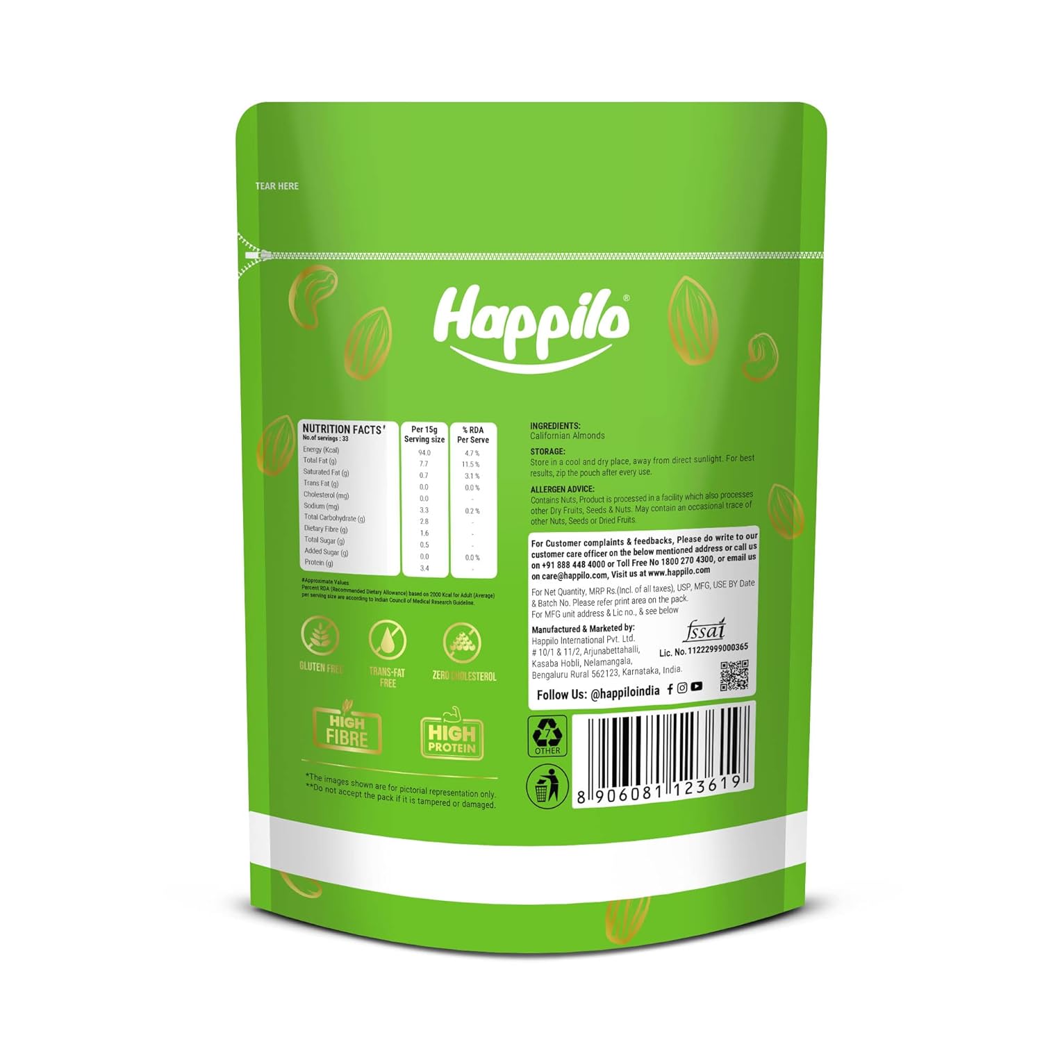 Happilo Premium 100% Pure California Almonds - 500 g