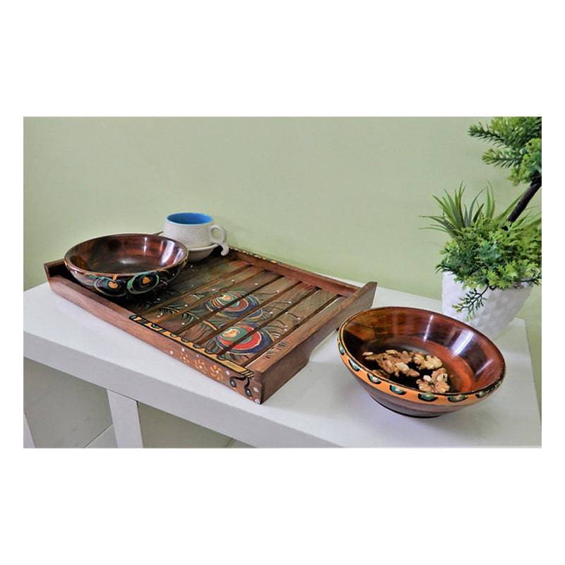 Wooden Tray with Basuri Hand painted Design with Bowls Combo (sheesham