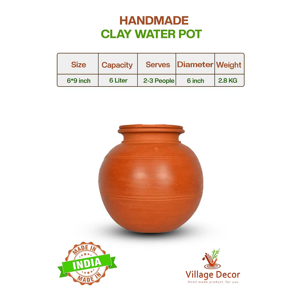 Village Decor Handmade Earthen Clay Water Pot With Lid - 6 L